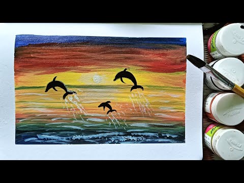How to Draw a beautiful sunset with dolphin painting step-by-step for beginners ।।