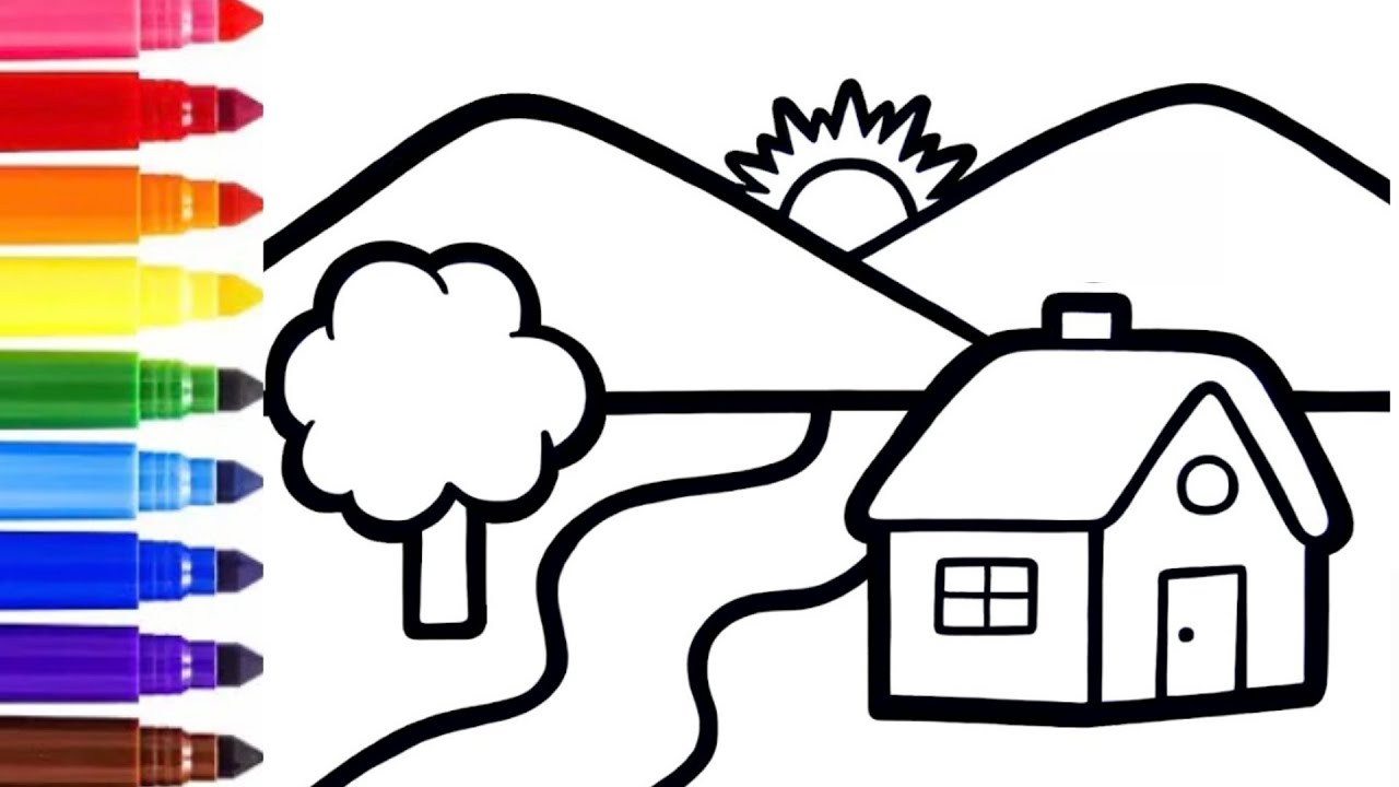 How to draw picture of house and nature for kids. bolalar uchun uy va ...
