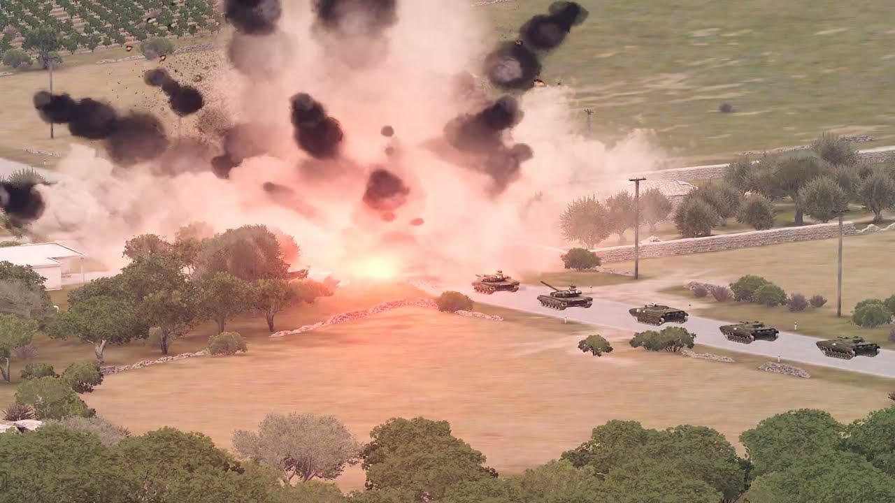 Russian Tank Convoy Bombed by Fighter Jets - Huge Explosion after a ...
