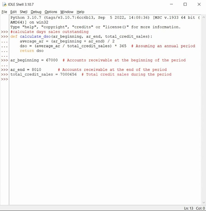 Calculate Days Sales Outstanding In Python Coding Corepython Arithmeticoperators Youtube