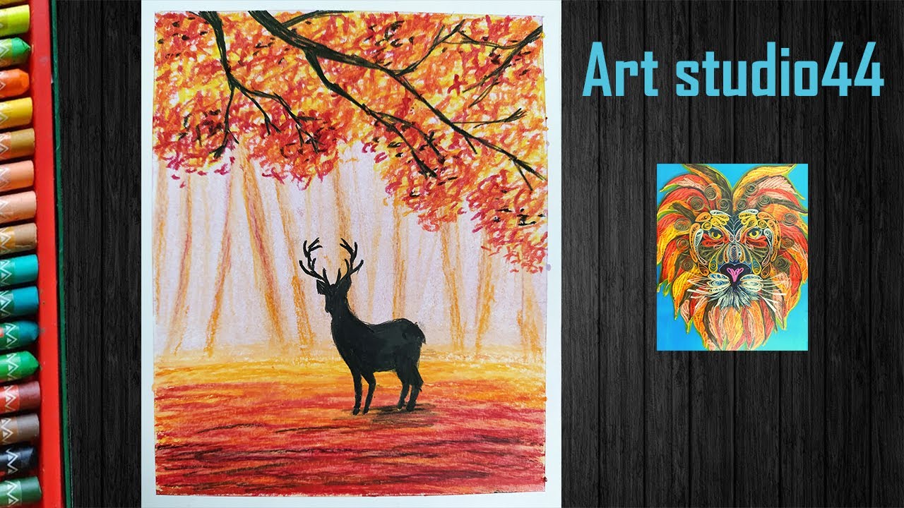 Fall Scenery Drawing with oil pastels for kids-Reindeer-step by step ...