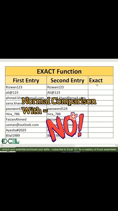 How to Compare Text Exactly in Excel | EXACT Function with Real Life Data | Excel 101 - YouTube