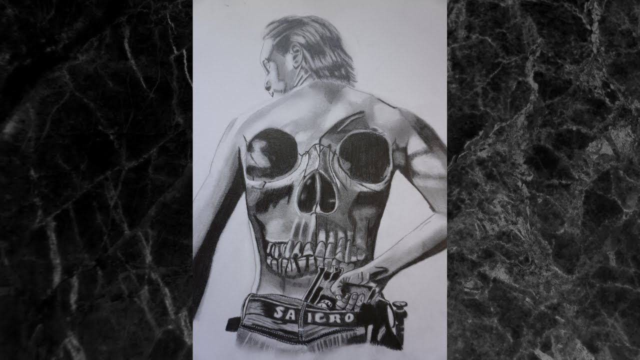 Graphite timelapse drawing of Jax Teller, Charlie Hunnam Sons of Anarchy SAMCRO skull tattoo ...