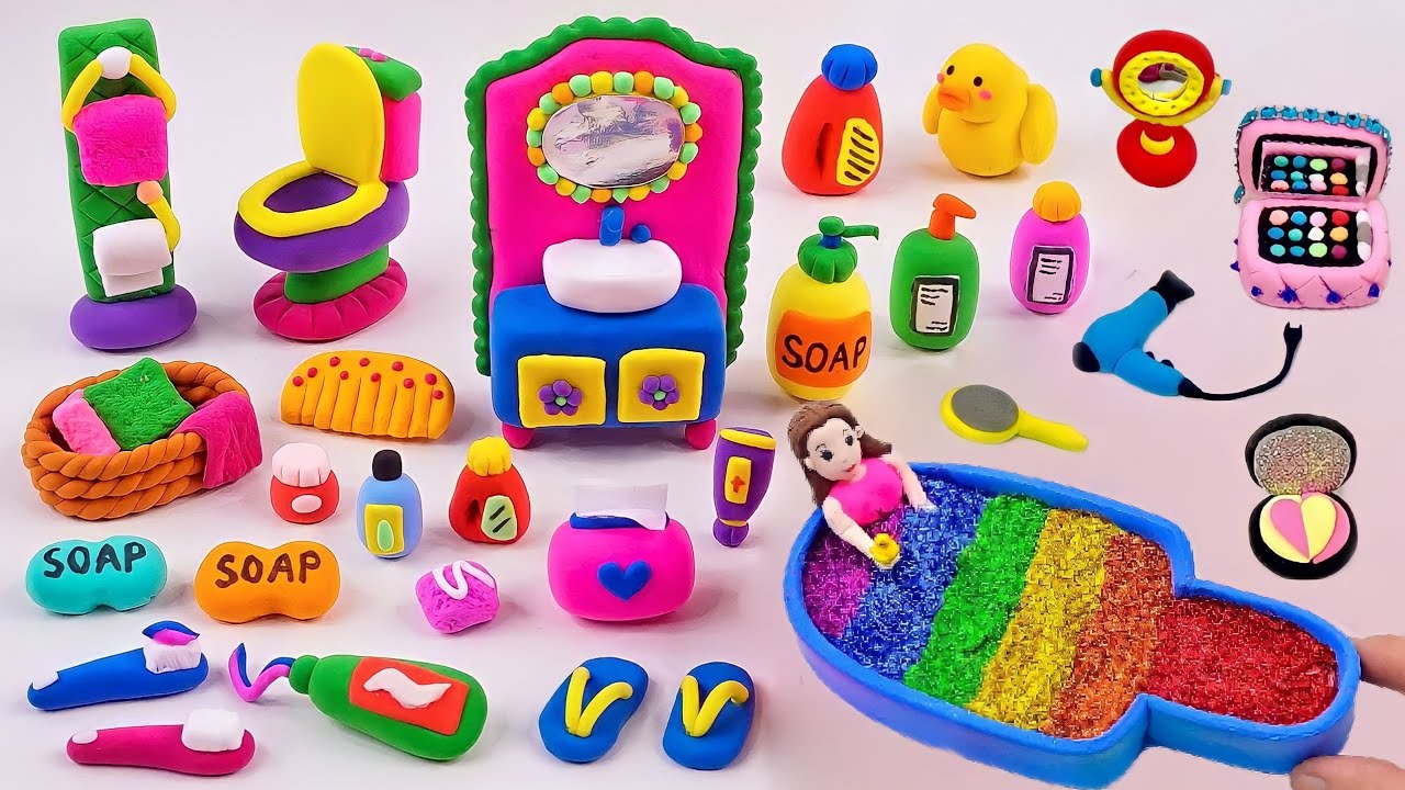 DIY How to make polymer clay miniature Bathroom set, Bathtub,Lavabo ...