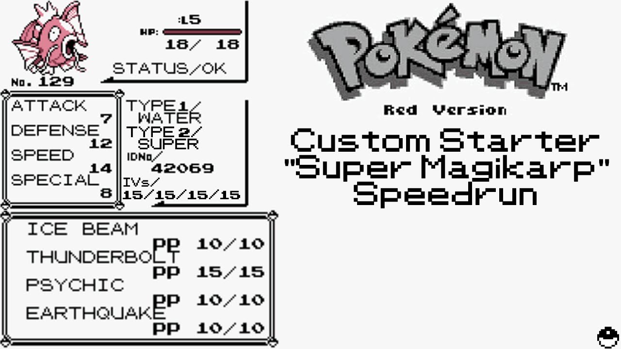 Pokemon Red Custom Starter Super Magikarp Speedrun - YouTube