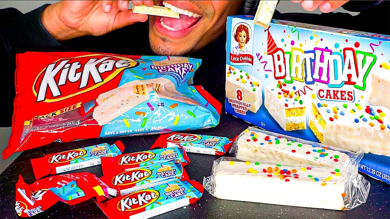 ASMR LITTLE DEBBIE KIT KAT BIRTHDAY CAKE CAKES EATING SHOW MOUTH SOUNDS ...