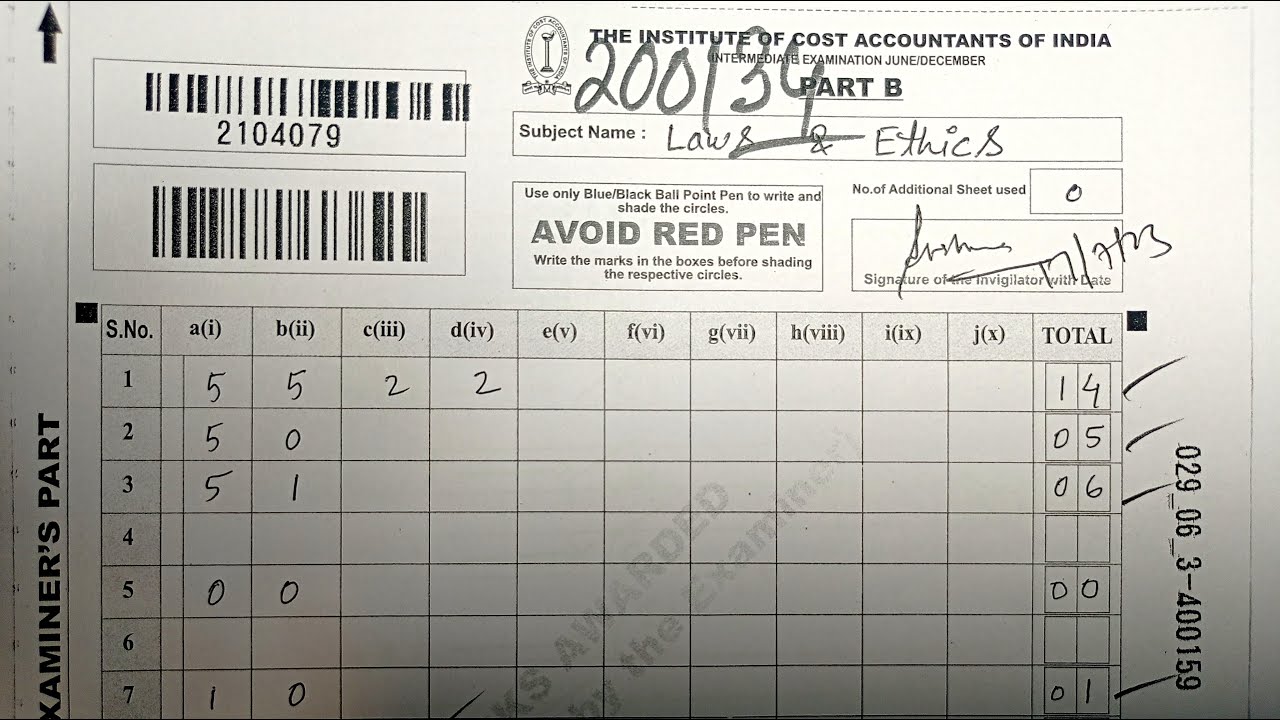 Certified Copies of Answer Sheet | Law and Ethics | CMA INTER | June'23 ...