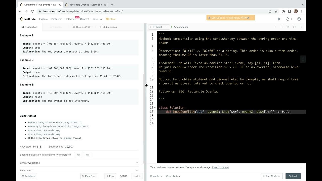 leetcode 2446. Determine if Two Events Have Conflict - fixed one then compare - YouTube