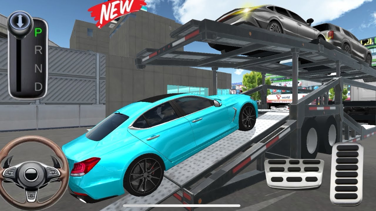 New blue color car transporting trailer truck _3d driving class game ...
