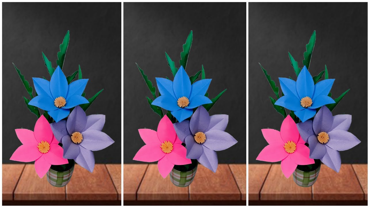 Paper flower vase making easy || How to make paper flowers for room ...