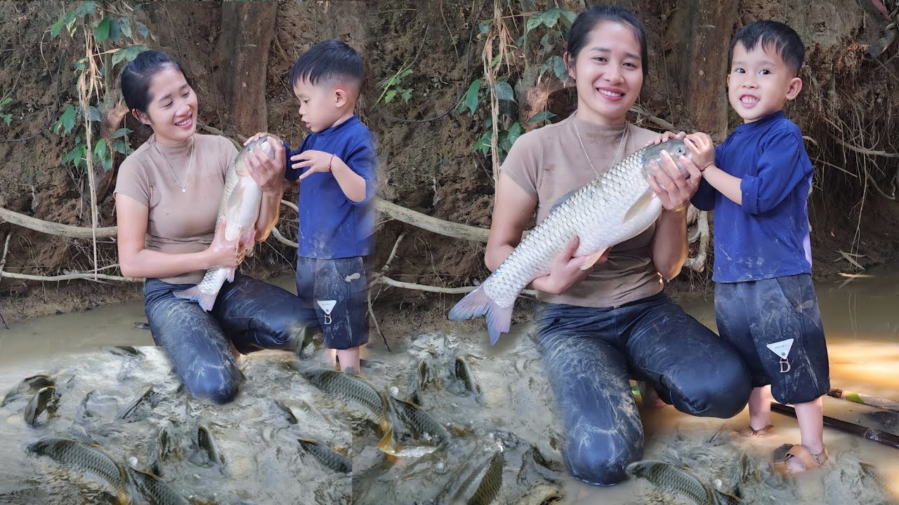 single mother harvesting fish in the stream, taking care of her ...