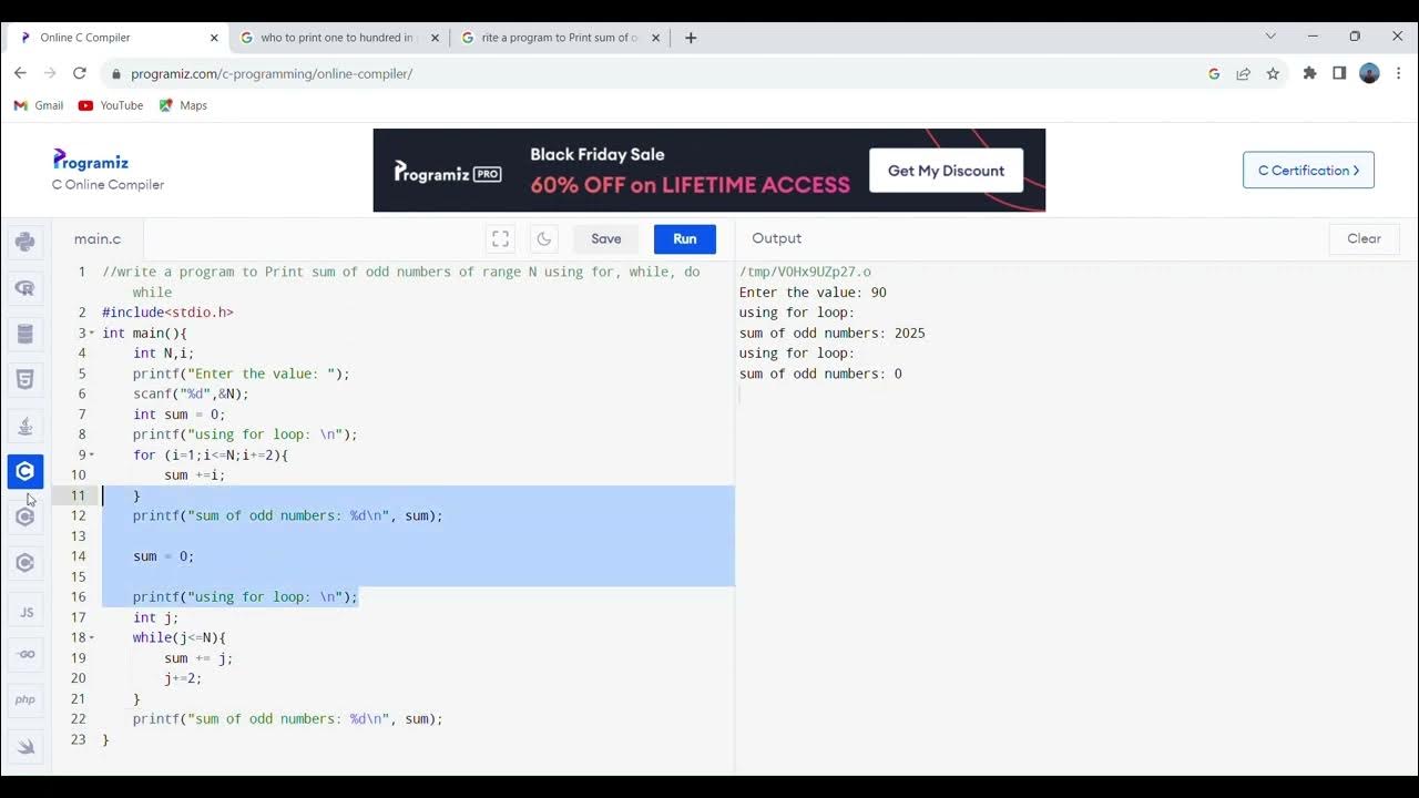 Write a program to Print sum of odd numbers of range N using for, while, do-while - YouTube