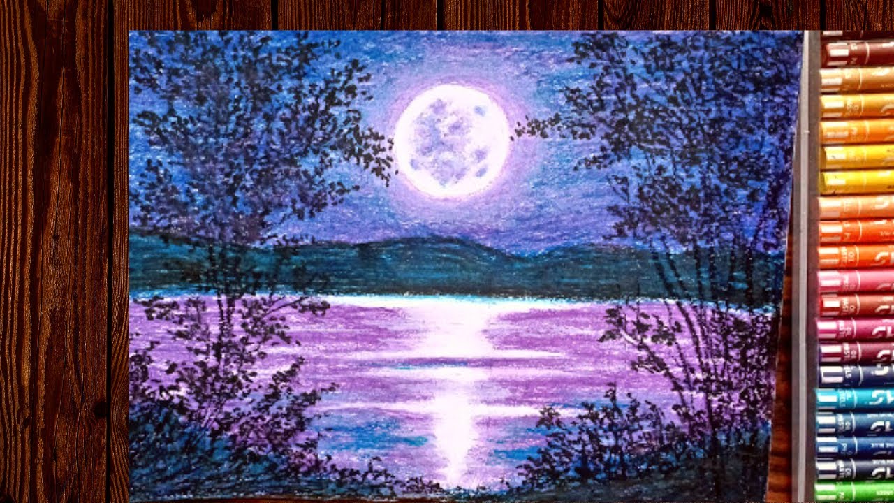 How to draw full Moon/Full Moon Oil Pastel Drawing/Moonlight night ...