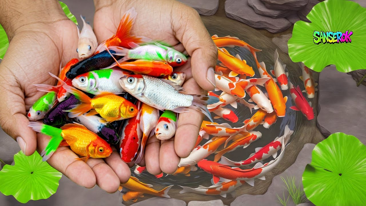 Scoop ornamental goldfish in tiny pond, koi, guppy fish, colorful fish ...