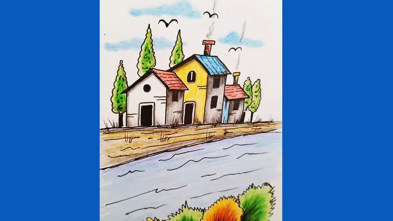 Beautiful Village Drawing with Colored Pencils and Ink Live Stream ...