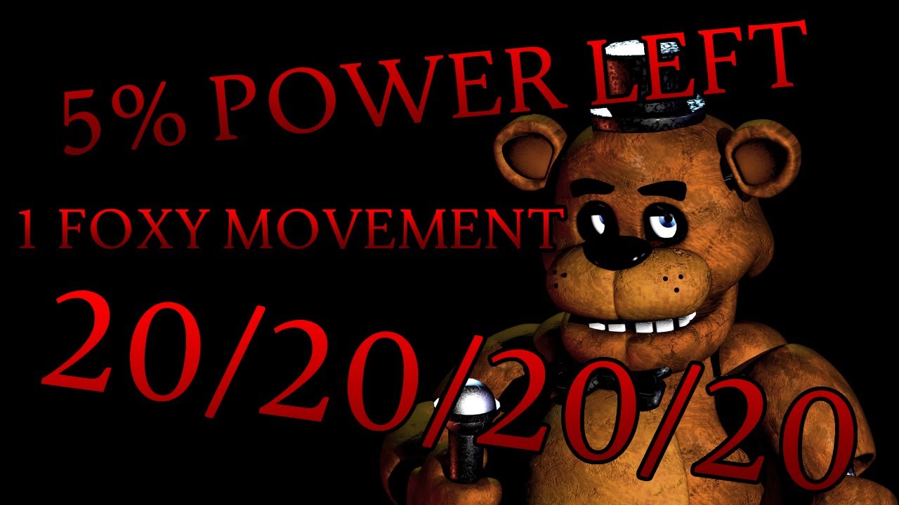 FNAF 1 20/20/20/20 with 1 foxy movement and 5% power left - YouTube