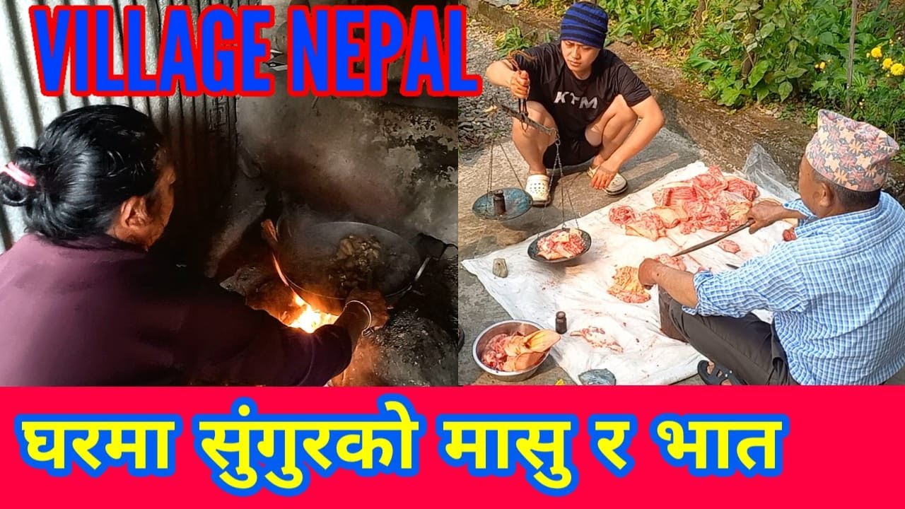 Village food Nepal Rural cook and eat Nepali dish Masu Bhat mash bhaat ...