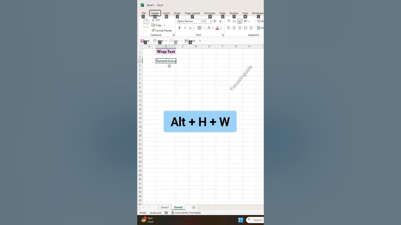 Wrap Text in excel with key || Excel Tips & Tricks #focusinguide#shorts - YouTube