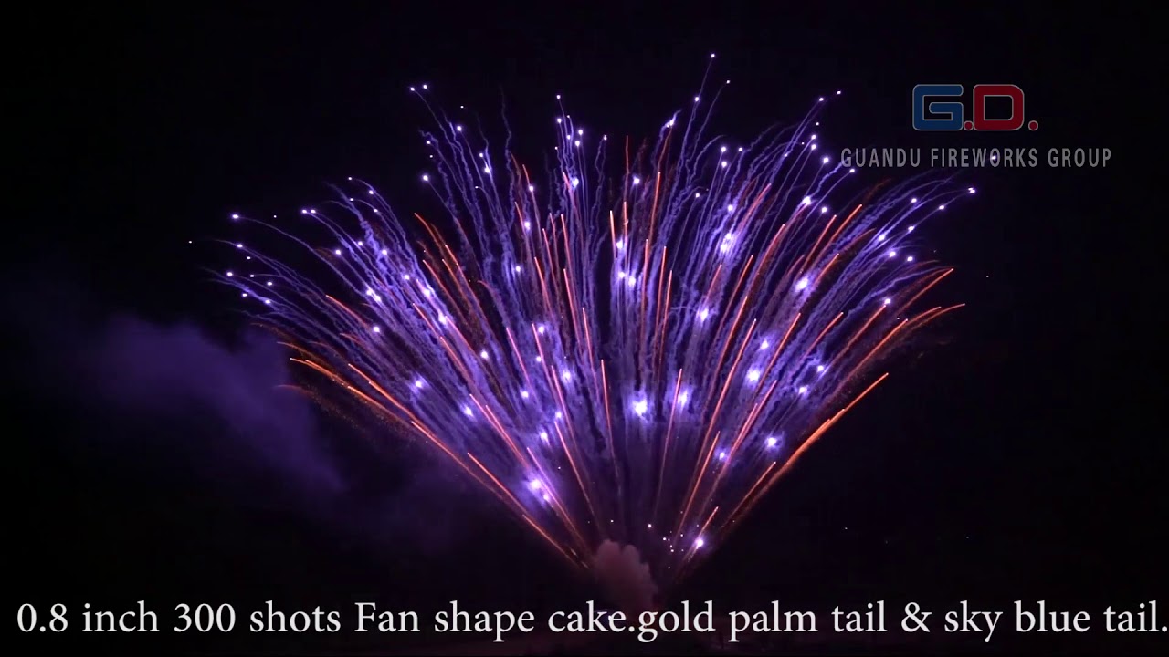 G.D Fireworks - 300 shots Fan shape cake gold palm tail & sky blue tail ...