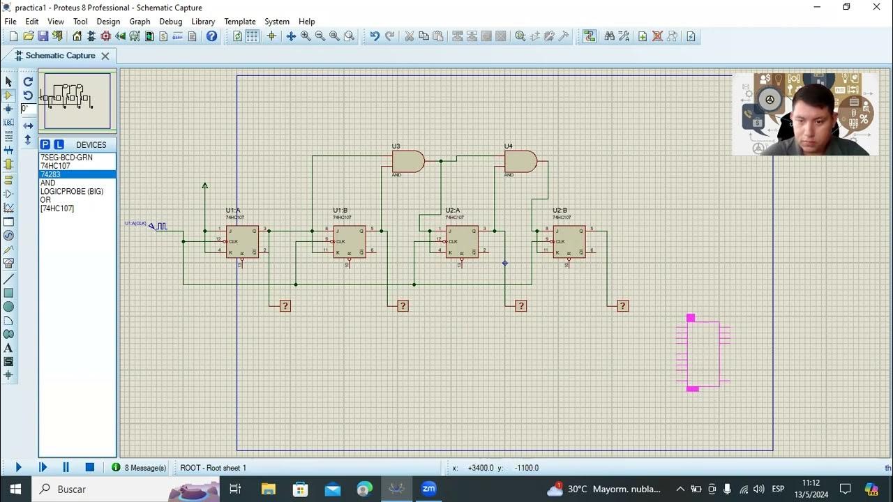 simular en Proteus el funcionamiento de un contador síncrono de 4 bits utilizando Flip Flops JK ...
