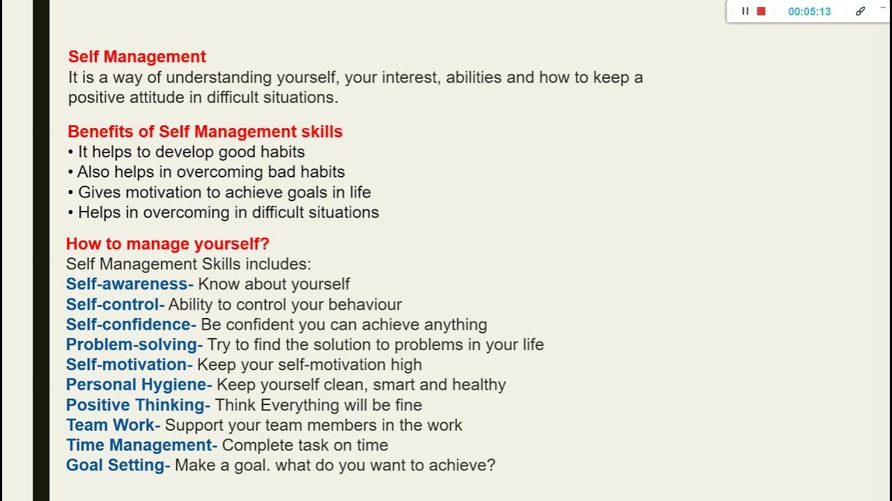 SELF MANAGEMENT SKILLS CLASS 9 AI EMPLOYBLITY SKILL CHAPTER 2 PART I IN ...