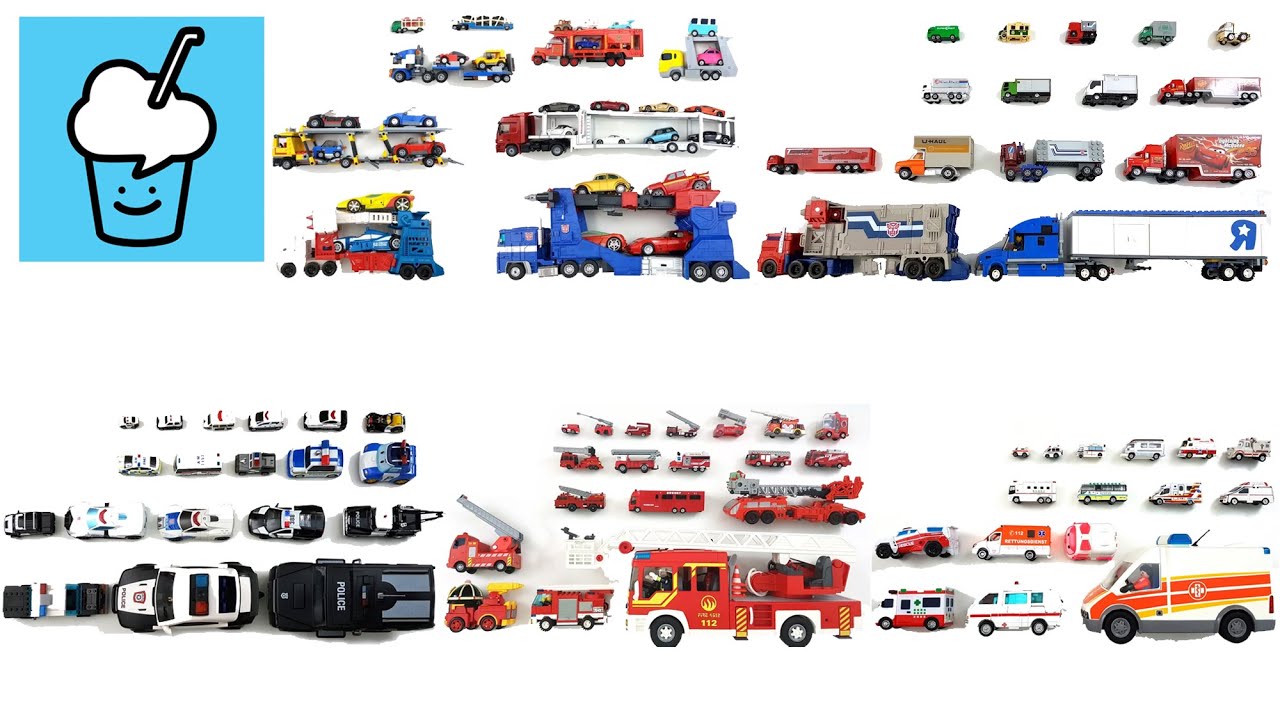 Police car Fire Truck Ambulance Car Carrier Truck Collection Tomica ...