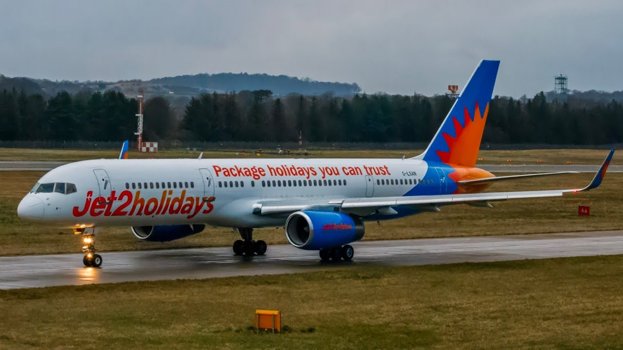 Jet2 Holidays B757-200 Taxi and Takeoff at Edinburgh Airport, EDI - YouTube