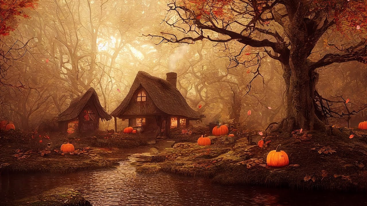 [Ambience] Autumn Forest Witch 🍁☕ Falling leaves, river and wind sounds ...