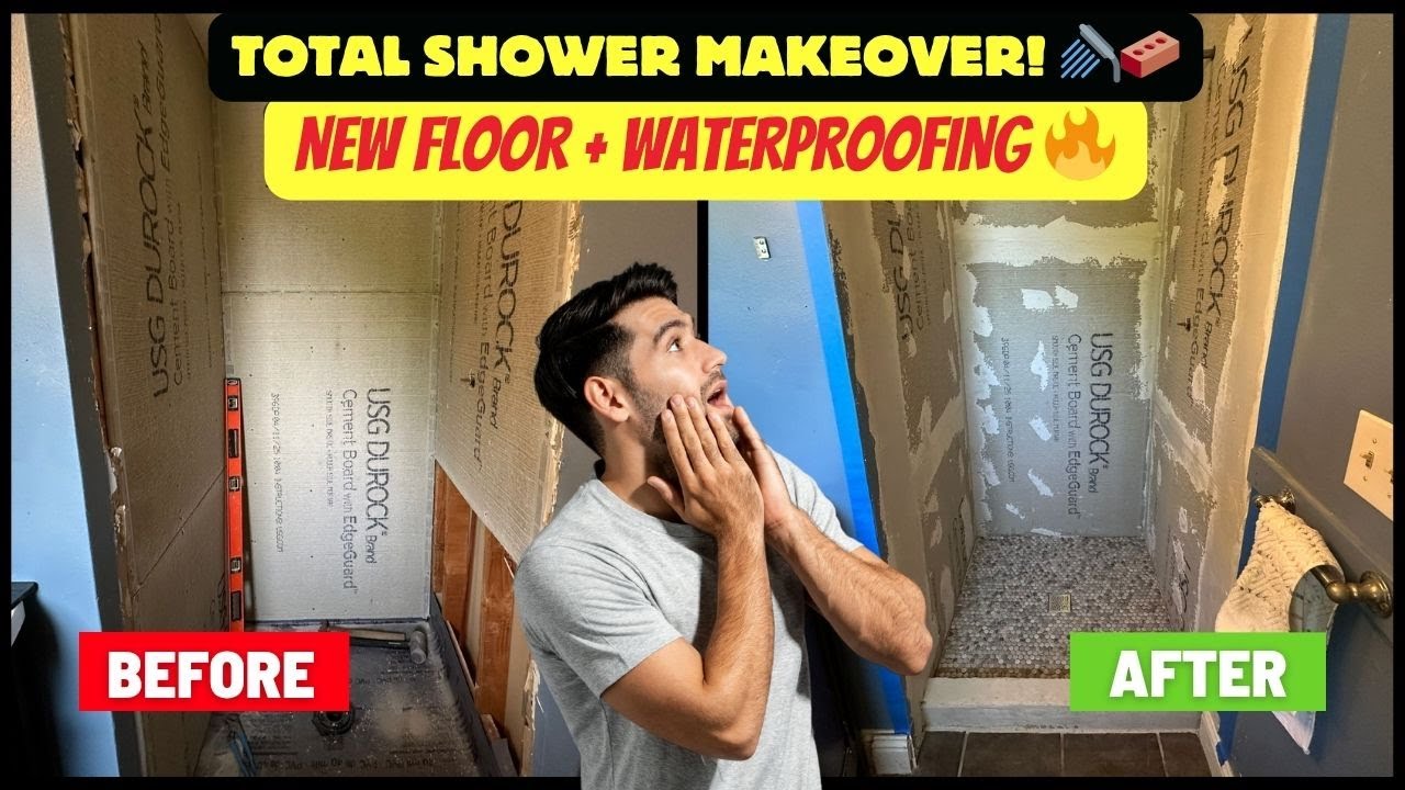 We Completely Transformed This Shower! 🔧🧱 Floor Tile + RedGard Step by ...