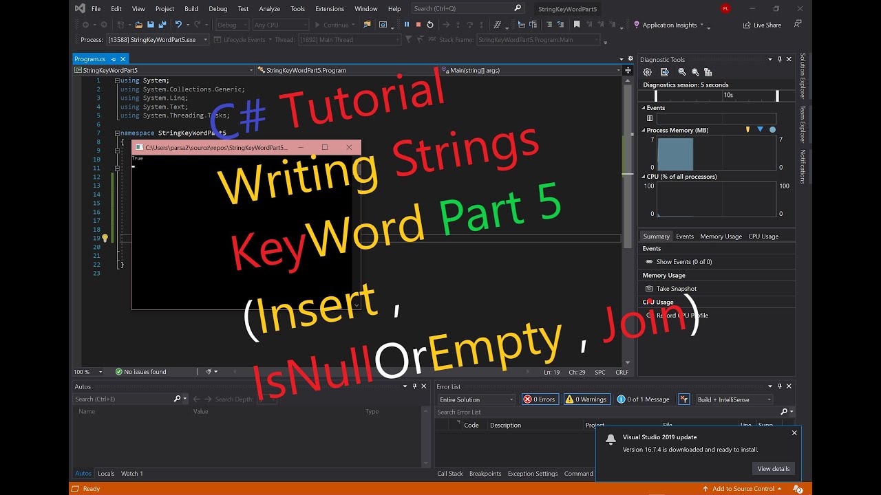 C C Sharp Tutorial Writing Strings Keyword Part 5 Insert Isnullorempty Join Cnsole App