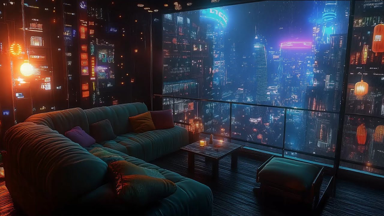 🎵 Cyberpunk Balcony: Midnight Ambience Over Sci-Fi Ambience City | Rain ...