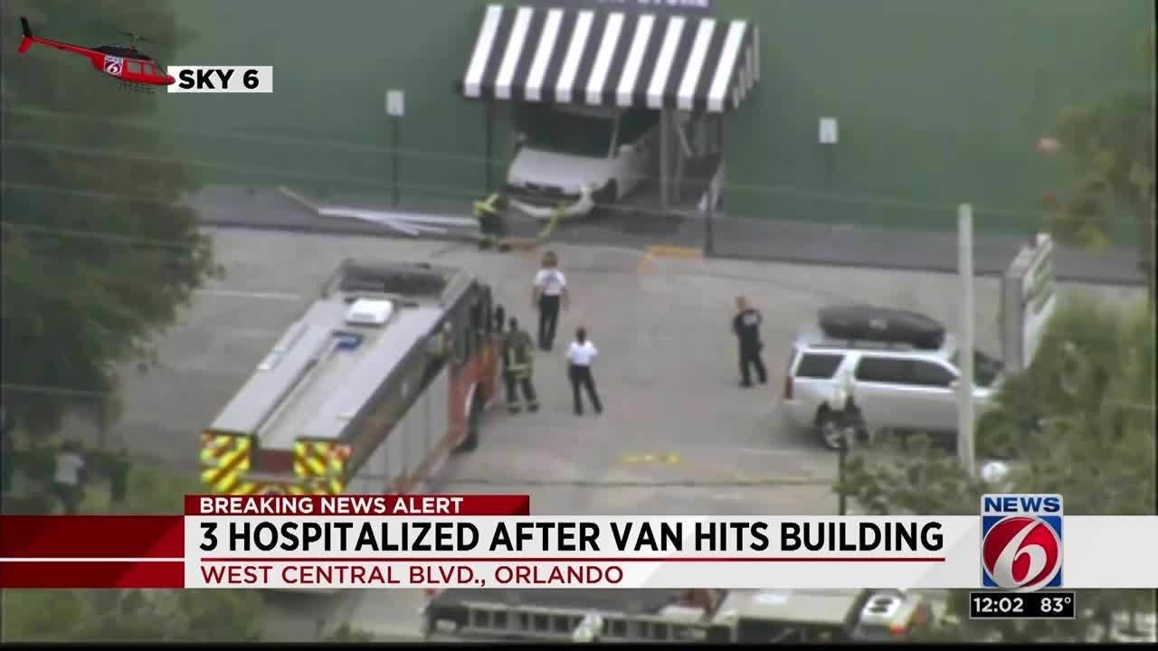 3 hospitalized after van hits building - YouTube