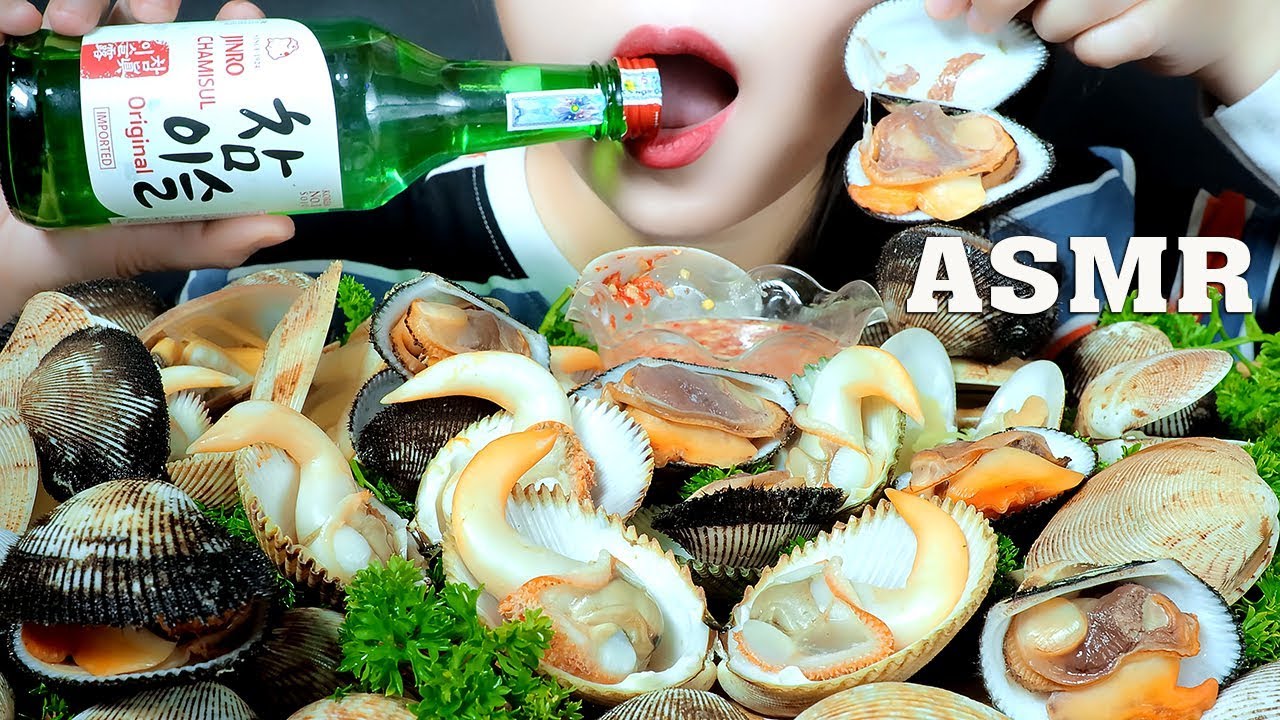 ASMR CLAMS PLATTER AND SOJU (ELONGATE COCKLE,FAT HAIRY CLAMS,TURGID ...