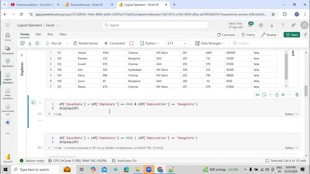 How to use Logical Operators using Python Notebook in Microsoft Fabric in Telugu - YouTube