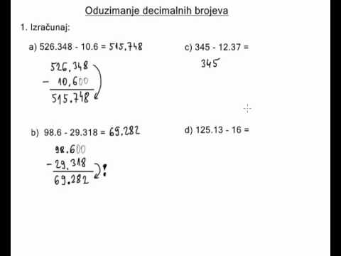 Oduzimanje decimalnih brojeva - 01 - pismeni postupak - YouTube