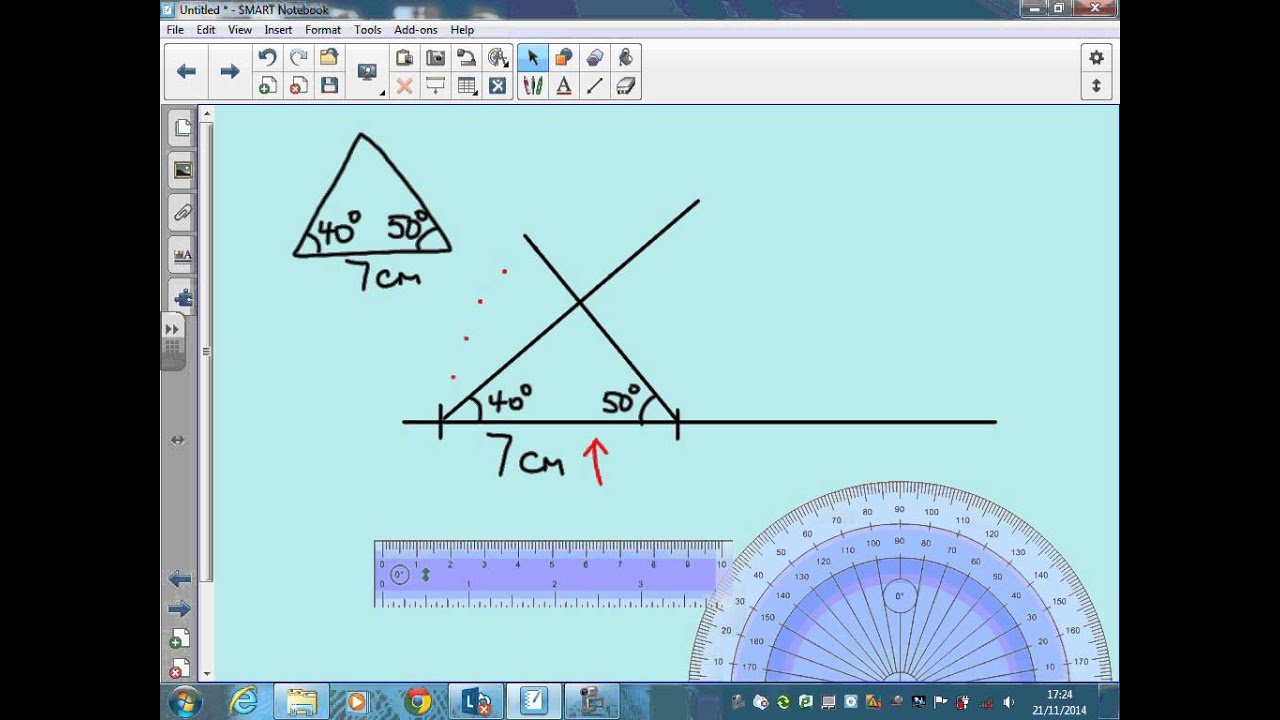 Triangle construction one side, two angles - YouTube