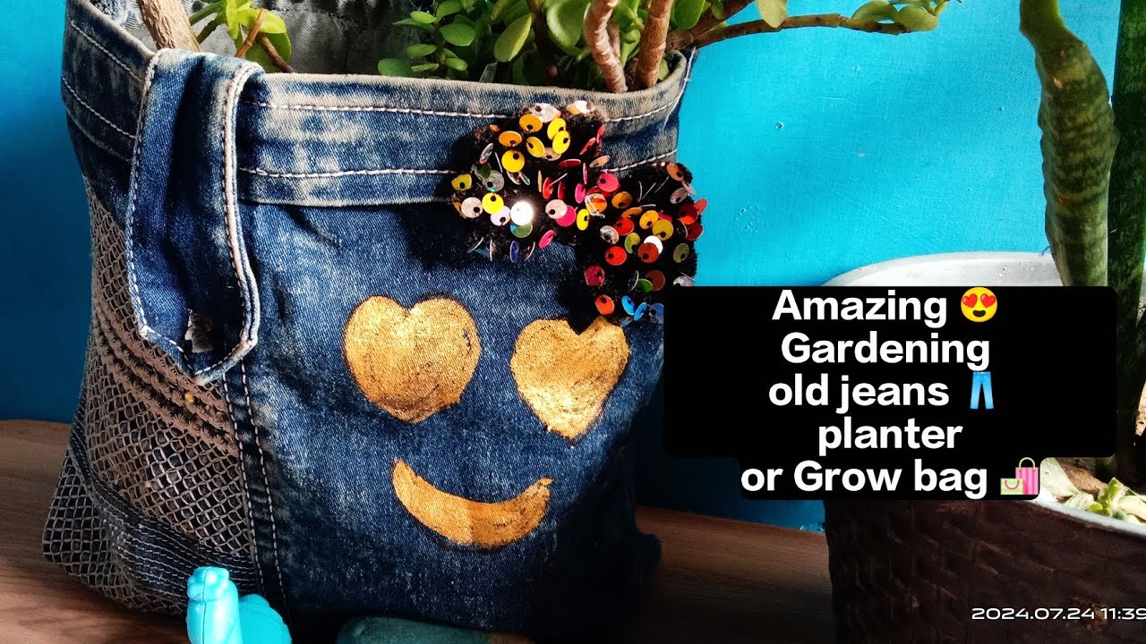 Old jeans reuse in gardening/denim jeans planter cutting and stitching ...