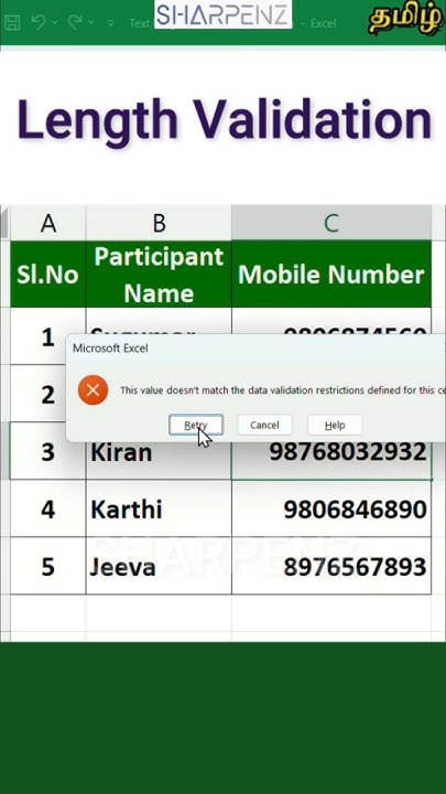 Length validation to control/ limit the text length in a cell #shorts #excel #tamil @Sharpenzo ...