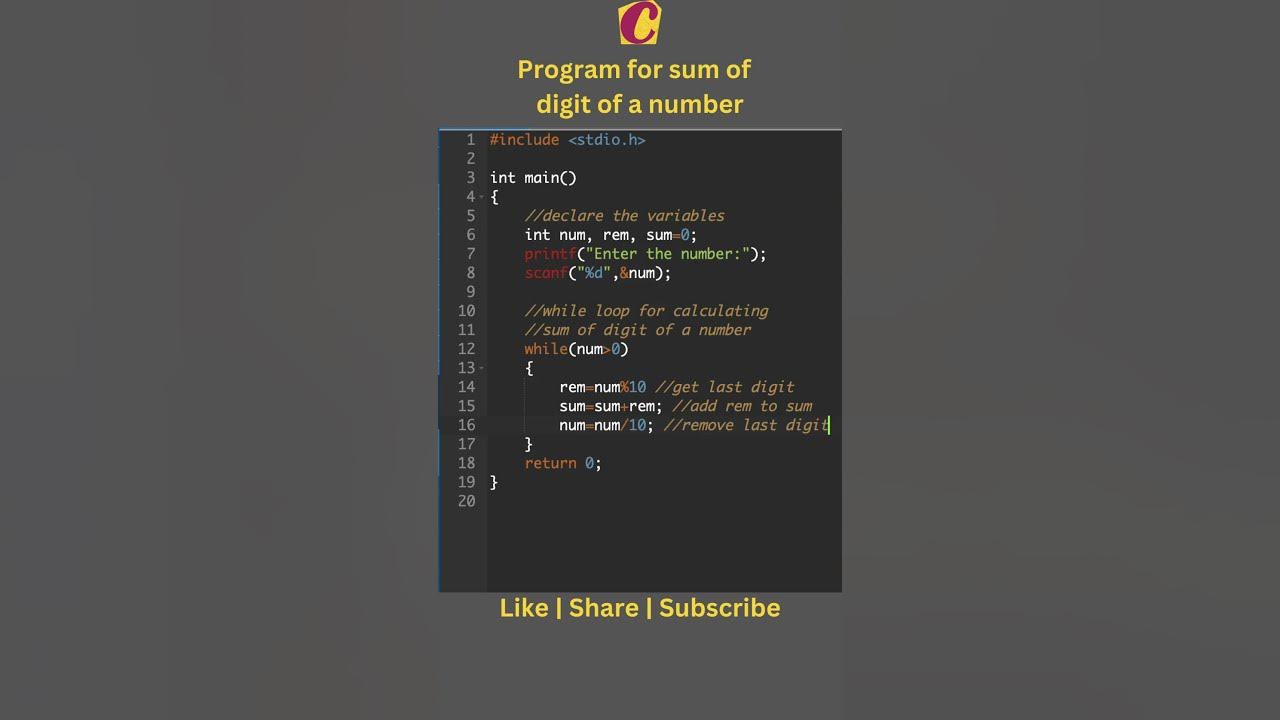 C Program for sum of digit of a number | C interview question #shorts - YouTube