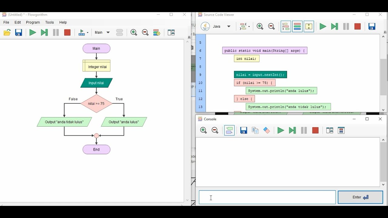 Flowchart Percabangan If Lulus Atau Tidak ~ Flowgorithm Youtube