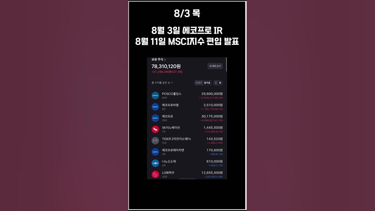 [2차전지 투자] 8/3 계좌공개 #공매도 #에코프로공매도 #에코프로주가 #2차전지 #lg화학 #lg화학우 #msci #msci지수 #msci편입 #나노신소재 - YouTube