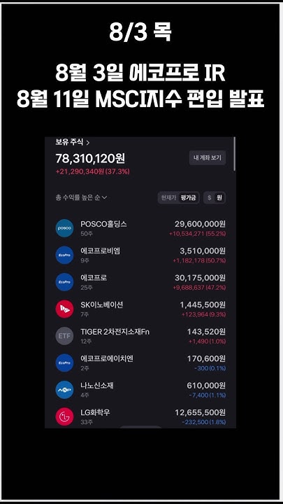 [2차전지 투자] 8/3 계좌공개 #공매도 #에코프로공매도 #에코프로주가 #2차전지 #lg화학 #lg화학우 #msci #msci지수 #msci편입 #나노신소재 - YouTube
