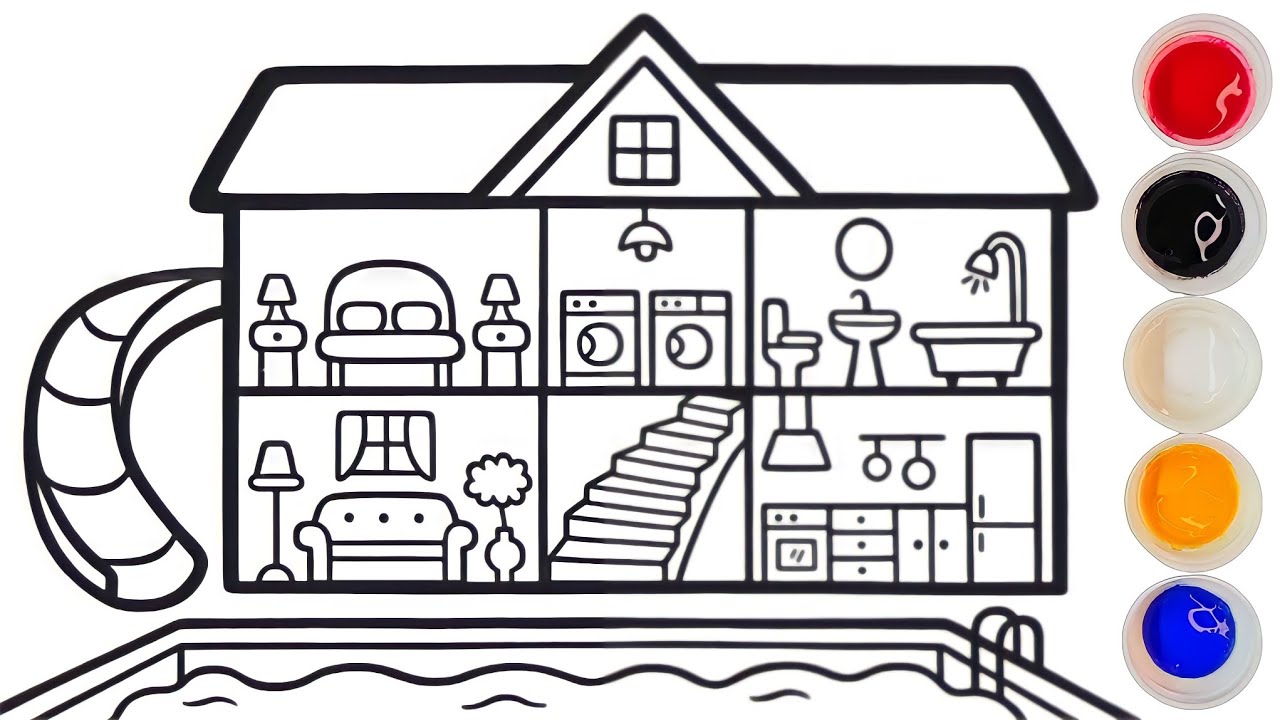 Cutaway House Drawing, Coloring, for Kids and Toddlers | How to Draw ...