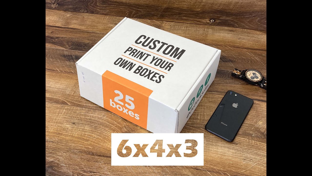 PackSales.com custom printed 6x4x3 mailer box shown for size comparison ...