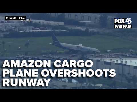 LIVE AERIALS: Amazon cargo plane overshoots Miami runway