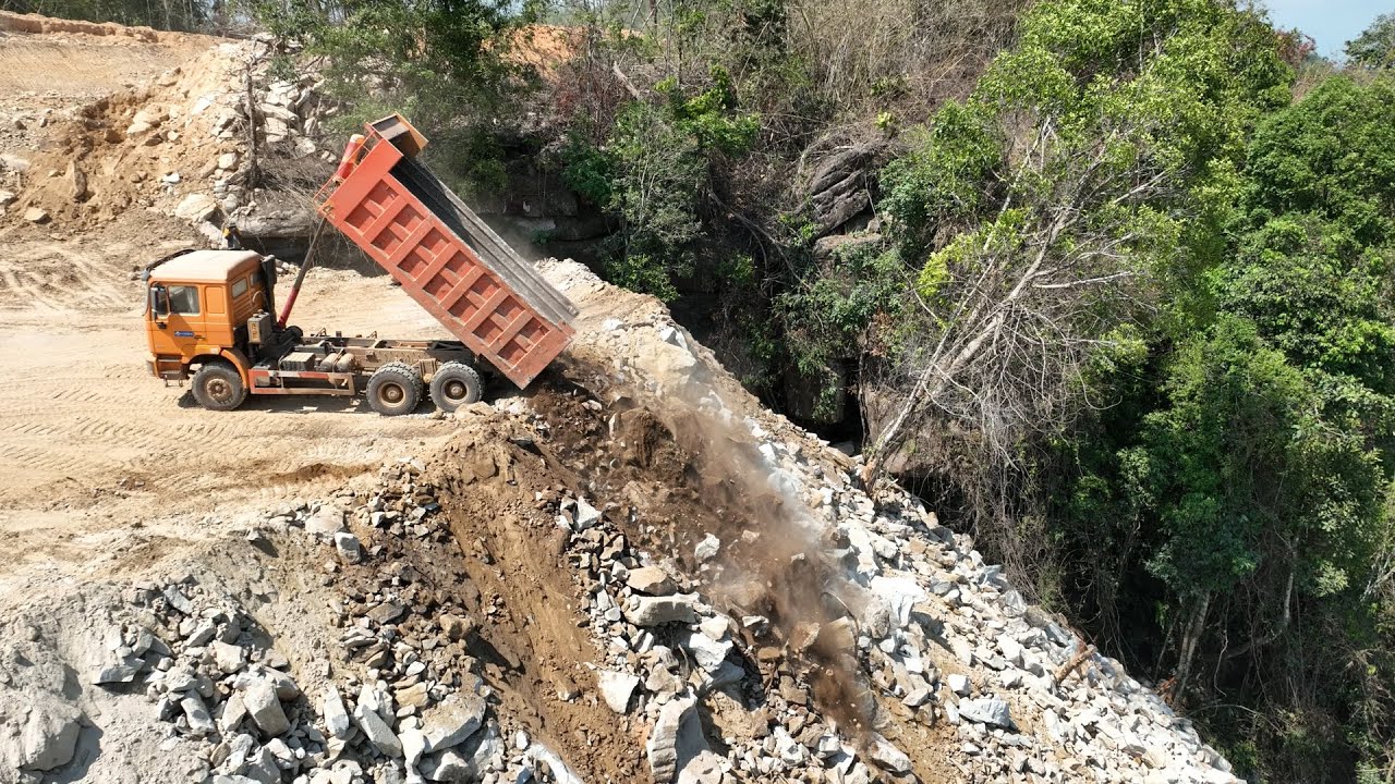 OMG!! Amazing Of Dumping Trucks Unloading Stone Into Deep Ravine 100m ...