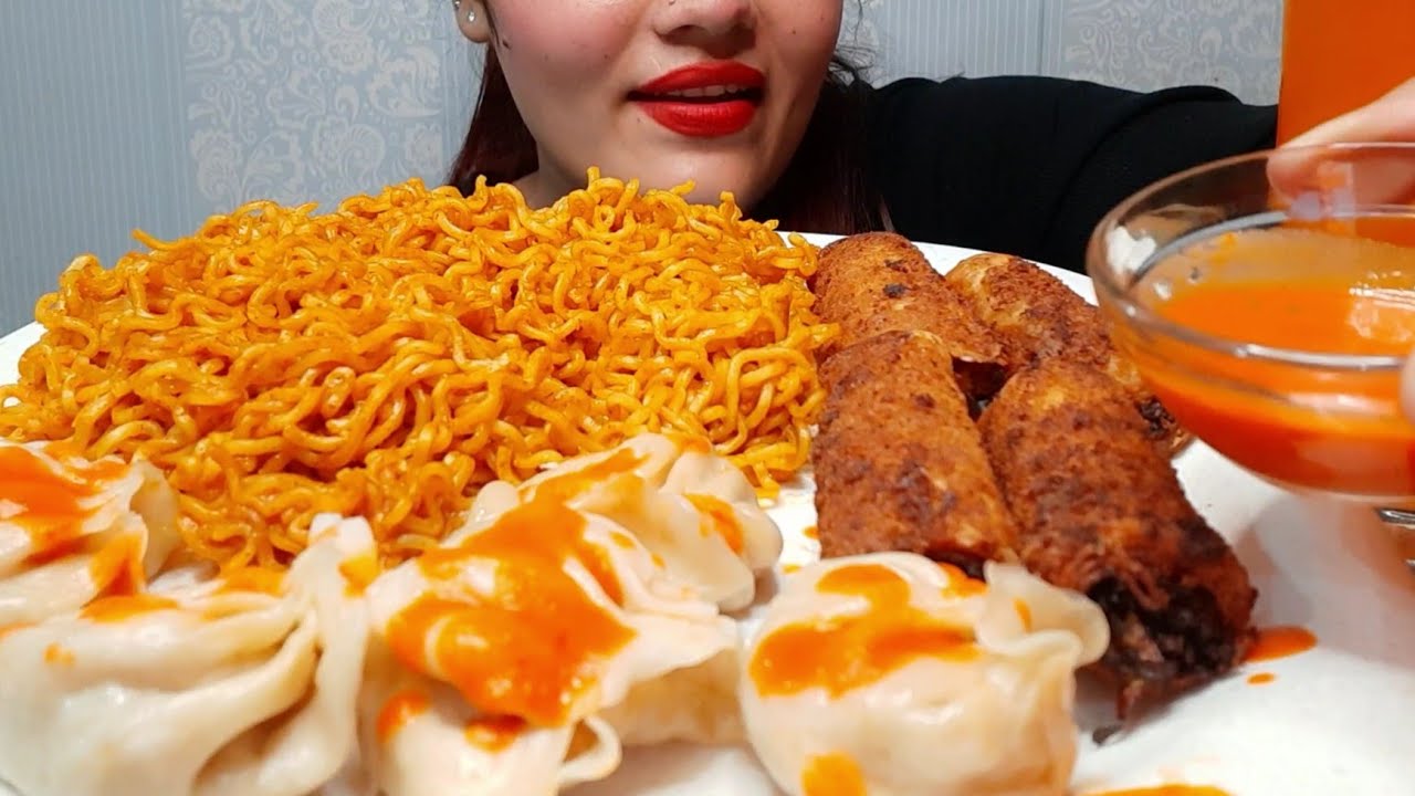 Eating Momos, Spicy Maggi , Springroll #asmr #asmreating #eatingshow ...