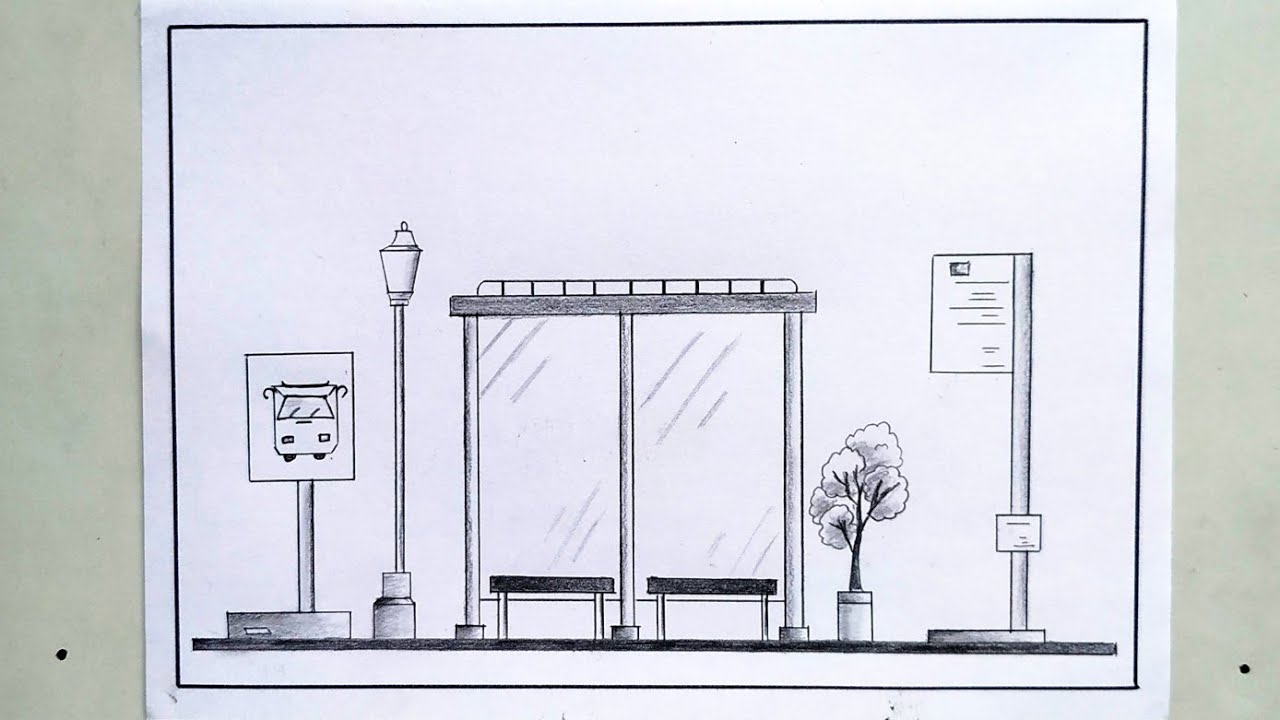 Drawing of bus stop || Bus stop perspective drawing | رسم المنظور | رسم ...