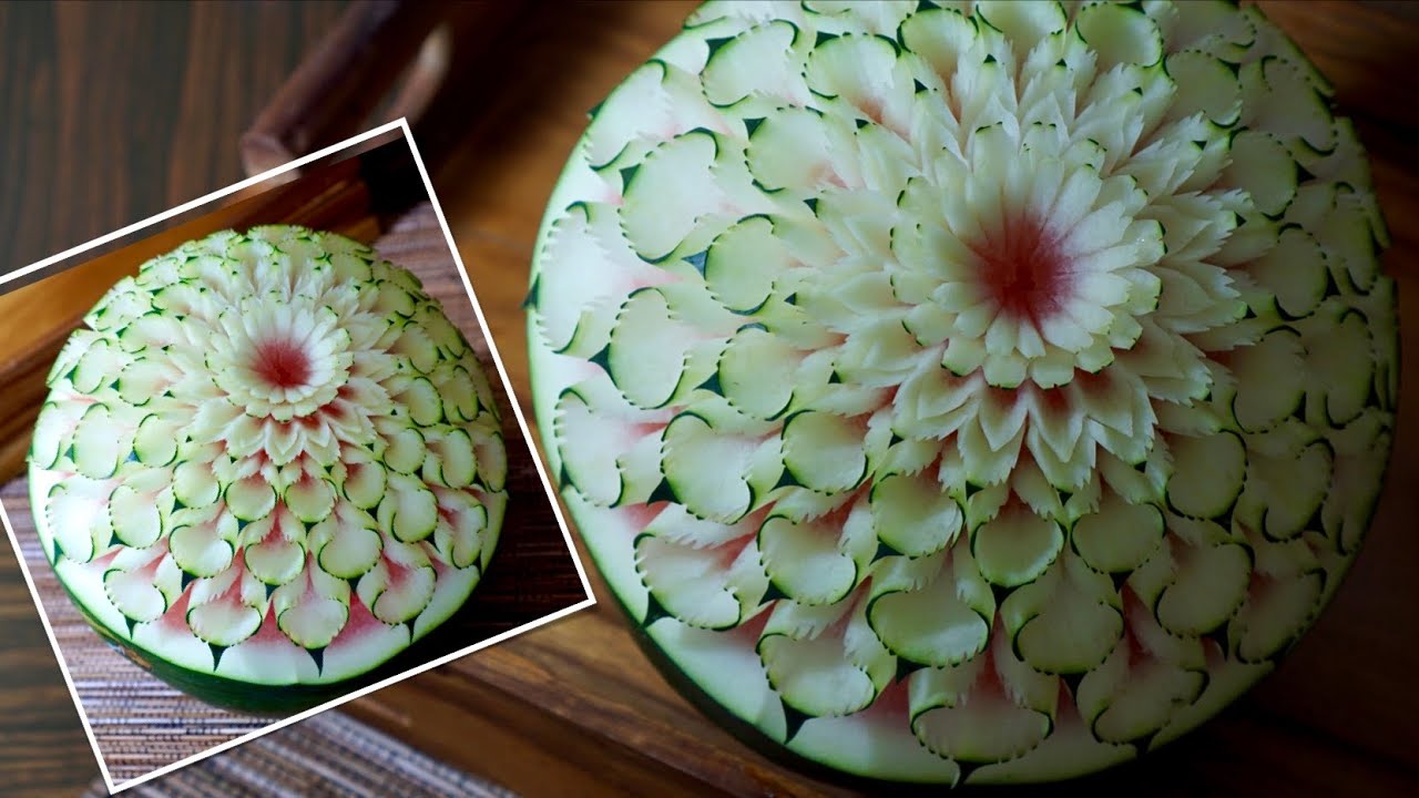 Watermelon carving round petals design | fruit carving | by chef ...