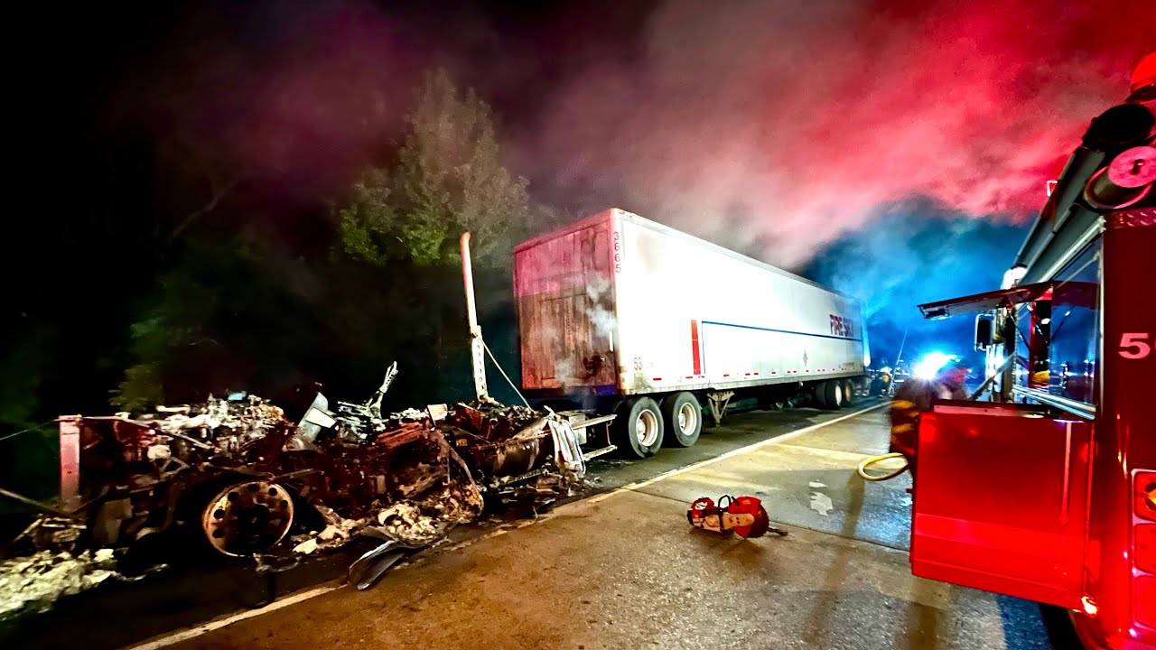 London Fire Department battles large truck fire on I-40 exit ramp - YouTube